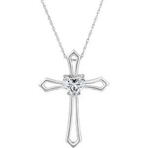 BLISS DIAMOND 1ct Cross Solitaire Heart Shape Diamond Gold Necklace - 10k White Gold