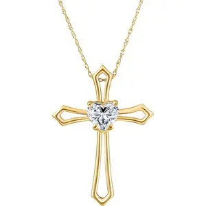 BLISS DIAMOND 1ct Cross Solitaire Heart Shape Diamond Gold Necklace - 10k Yellow Gold