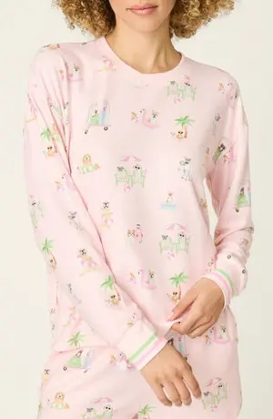 PJ Salvage Pupcation Palms Long Sleeve Pajama Top - Light Pink