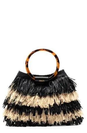 FRANCES VALENTINE Shaggy Tiered Raffia Fringe Tote - Black/natural