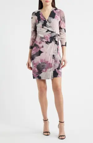 Anne Klein Floral Print Wrap Minidress - Anne Black Multi