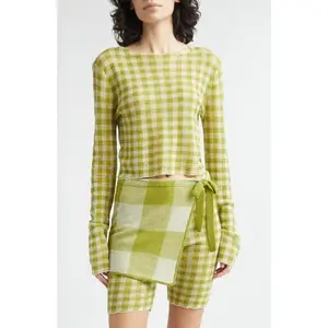 YANYAN Gingham Check Wool Boatneck Sweater