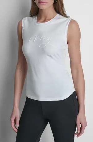 Dkny Script Ruched Cotton Blend Tank - White