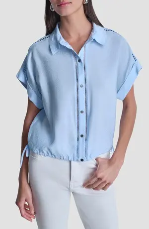 Dkny Ladder Lace Detail Short Sleeve Button-up Shirt - Light Blue