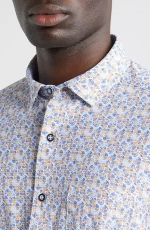 Johnston & Murphy Xc Motion Performance Knit Button-up Shirt - Blue/tan Split Disc