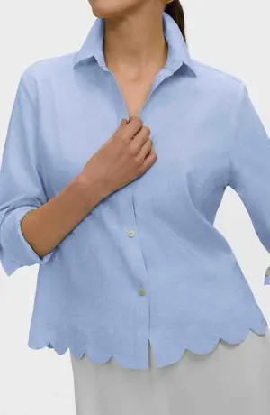 Foxcroft Scallop Hem Linen Blend Shirt