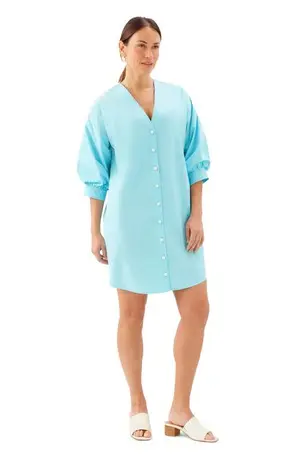 Karen Kane Puff Sleeve Button-up Dress - Aqua