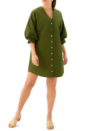 Karen Kane Puff Sleeve Button-up Dress - Olive