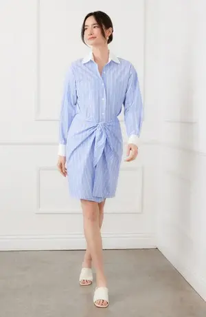 Karen Kane Stripe Cotton Faux Wrap Shirtdress - Blue/white