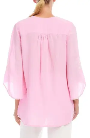 Karen Kane Embroidered Asymmetric Hem Linen Blend Top - Pink