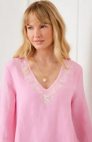 Karen Kane Embroidered Asymmetric Hem Linen Blend Top - Pink