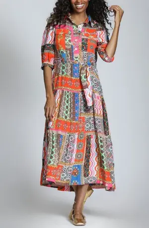 APNY Patchwork Print Shirtdress - Hot Coral Multi