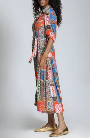 APNY Patchwork Print Shirtdress - Hot Coral Multi