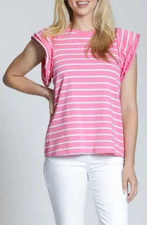 APNY Stripe Ruffle Cap Sleeve T-shirt - Pink/white Stripe