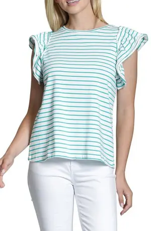 APNY Stripe Ruffle Cap Sleeve T-shirt - White/jade Stripe