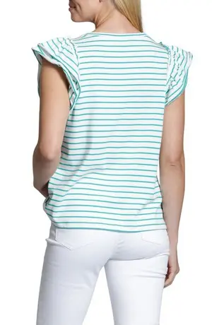 APNY Stripe Ruffle Cap-sleeve T-shirt - White/jade Stripe