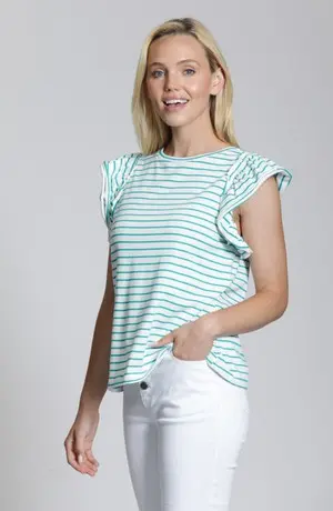 APNY Stripe Ruffle Cap-sleeve T-shirt - White/jade Stripe
