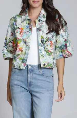 APNY Floral Print Short Sleeve Denim Jacket - Aqua Multi