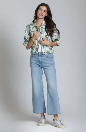 APNY Floral Print Denim Jacket - Aqua Multi