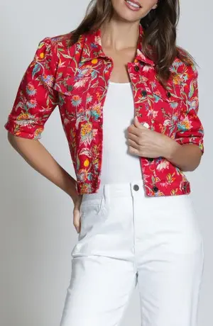 APNY Floral Print Short Sleeve Denim Jacket - Red Multi
