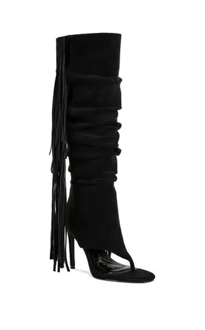 AZALEA WANG Fringe Stiletto Sandal Boots - Black