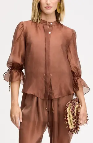 Sam Edelman Semi Sheer Button-up Tie Cuff Top - Mocha