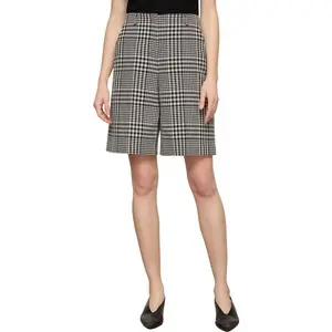 Lafayette 148 New York Clark Grid Plaid Corded Cotton Wide Leg Shorts - Black Multi
