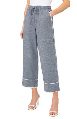 CECE DUPRAZ Lace Trim Crop Cotton & Linen Pants - Med Indigo