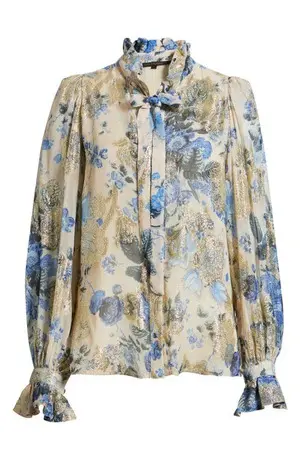 Kobi Halperin Josie Metallic Floral Ruffle Button-up Shirt - Blue Multi