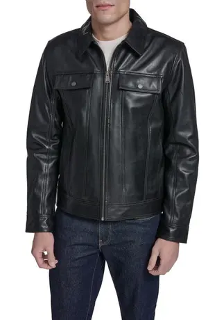 Cole Haan Leather Trucker Jacket - Black