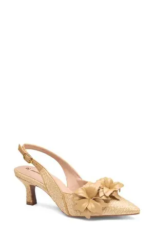 Johnston & Murphy Lindsey Flower Slingback Pointed Toe Kitten Heel Pump - Natural Raffia/kid Suede