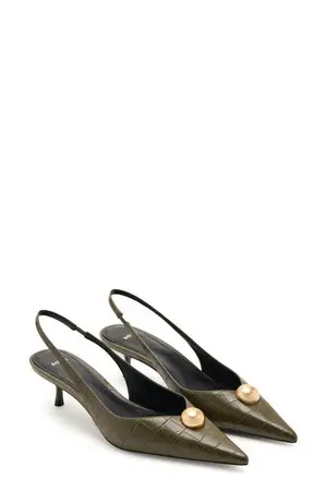 Mango Slingback Pointed Toe Kitten Heel Pump - Khaki Green