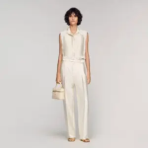 Sandro Straight-leg Satin Trousers With Belt Loops - Cream