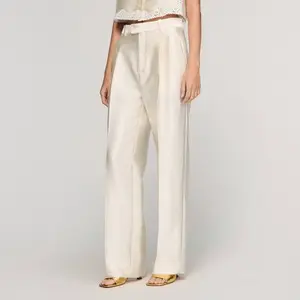 Sandro Straight-leg Satin Trousers With Belt Loops - Cream