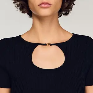 Sandro Slim-fit Ribbed Knit Top With Openwork Collar