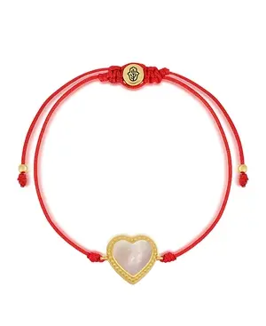 KARMA AND LUCK Mother Of Pearl Heart Charm Drawstring Bracelet - Red