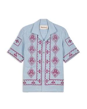 BAZISZT Embroidered Button Front Camp Shirt - Light Blue