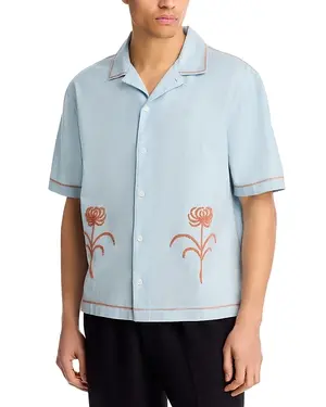 WAX LONDON Keats Short Sleeve Shirt - Light Blue/rust