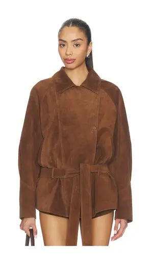 AEXAE Leather Suede Belted Jacket In Brown - Brown Suede