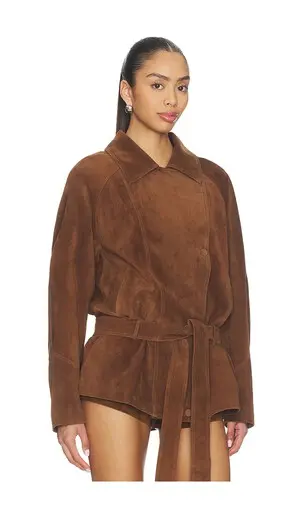 AEXAE Leather Suede Belted Jacket In Brown