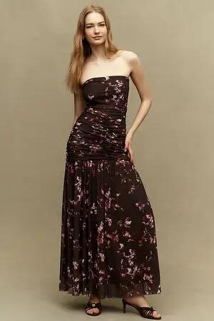 Bhldn Kaia Off-shoulder Stretch Mesh Maxi Dress - Brown Floral