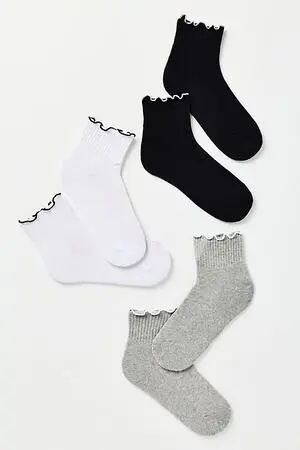 Anthropologie Ruffle-trim Crew Socks, Set Of 3 - White/black/grey