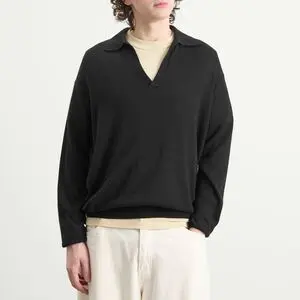 Auralee Cashmere Silk Knit Skipper Polo - Black