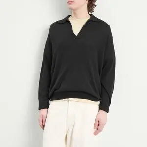 Auralee Cashmere Silk Knit Skipper Polo - Black