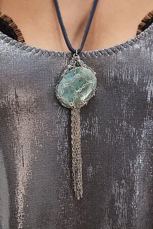 Free People Keepsake Pendant Semiprecious Stone Necklace - Navy Suede Aqua Silver