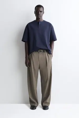 Cos Oversized Cotton-jersey Henley T-shirt - Dark Blue