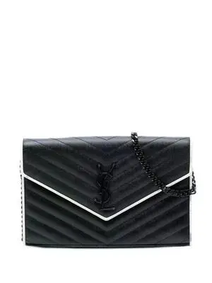 Saint Laurent 2016 Bicolor Grain De Poudre Chevron Monogram Monochrome Envelope Chain Wallet Crossbody Bag - Black