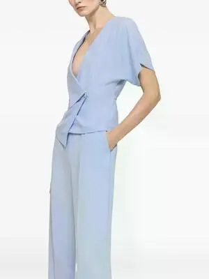 NISSA V-neck Crepe Top - Blue