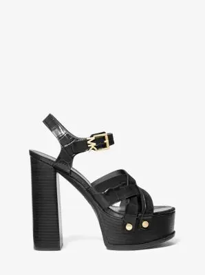 Michael Kors Nora Crocodile Embossed Leather Platform Sandal - Black