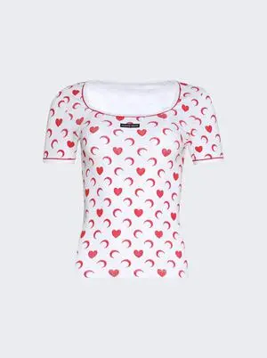 MARINE SERRE Moon Heart Squareneck Tee And Red - White